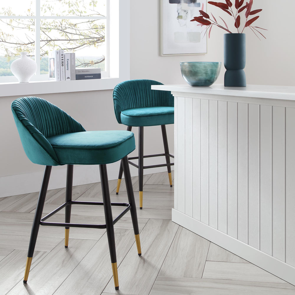 Miyae Set of 2 Pleated Teal Velvet Upholstered Counter Stools | daals