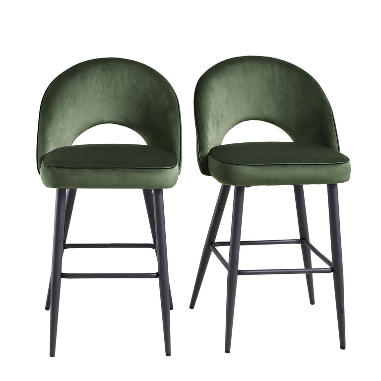 Oakley Set of 2 Dark Green Velvet Upholstered Counter Stools with Cont ...