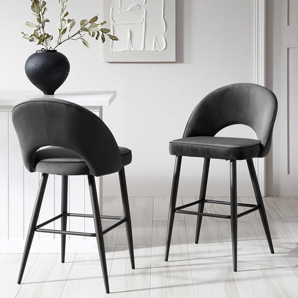 Oakley Set of 2 Dark Grey Velvet Upholstered Counter Stools with Contr ...