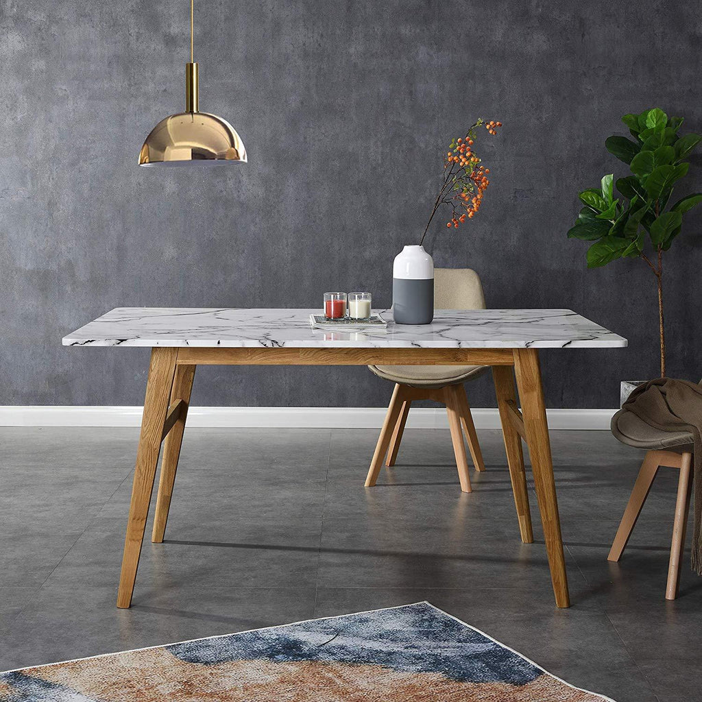 ASCONA White Marble Effect 6-Seater Dining Table with Solid Oak Legs ...