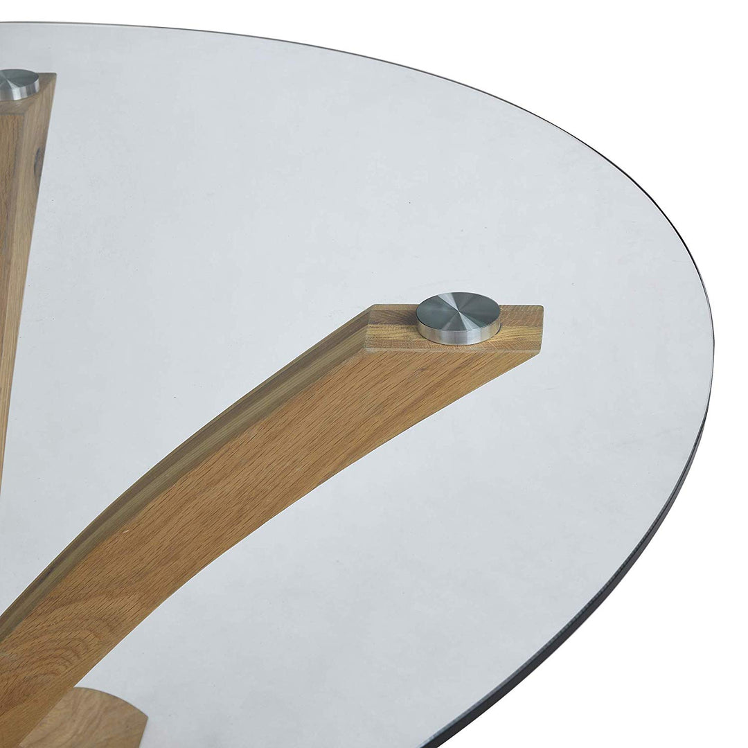 Lugano 110cm Round Glass Top Solid Oak Legs Dining Table | daals
