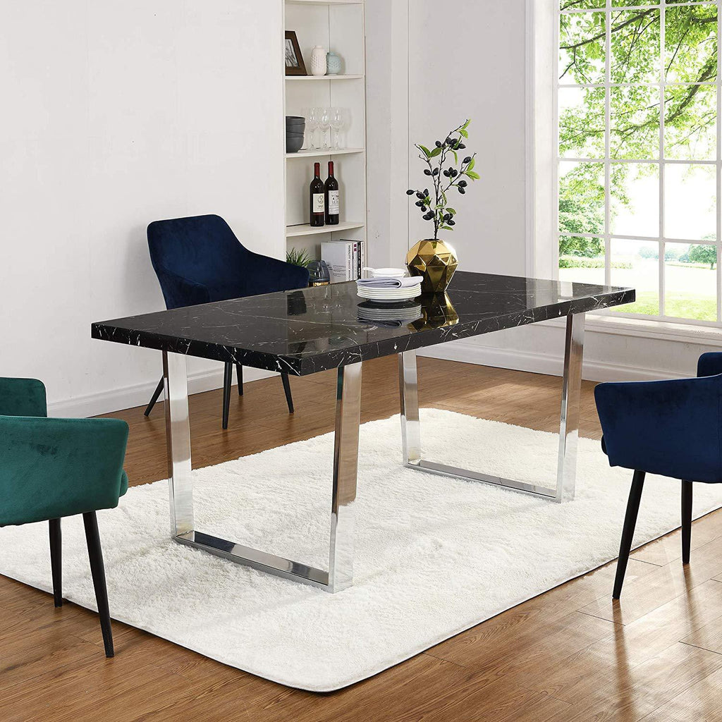 Biasca | 6-Seater Marble Effect Dining Table with Chrome Legs - Black ...