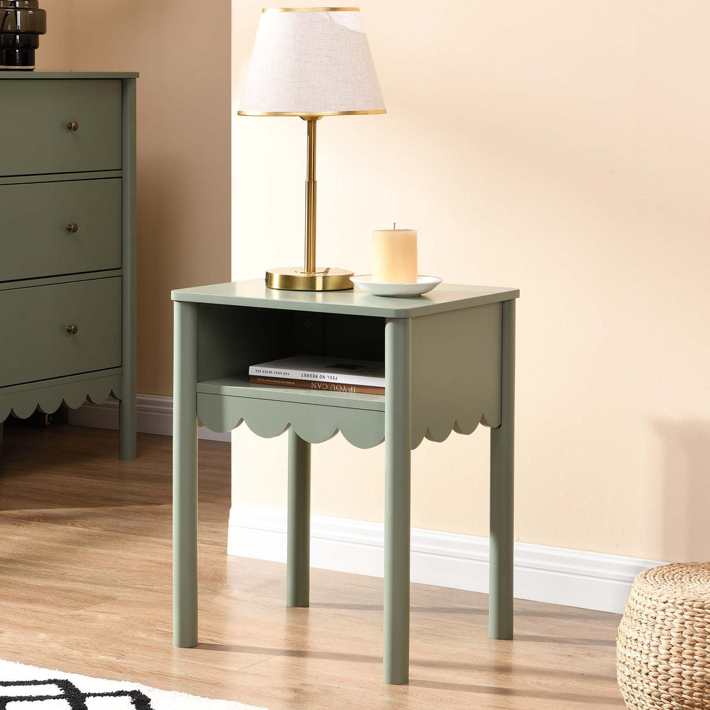 Henley Sage Green Scalloped Edge Bedside Table | daals