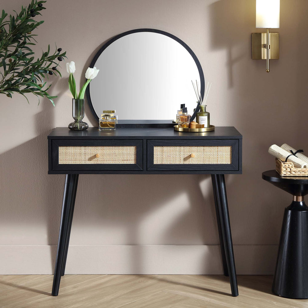 Frances Woven Rattan Dressing Table with Mirror, Black | daals