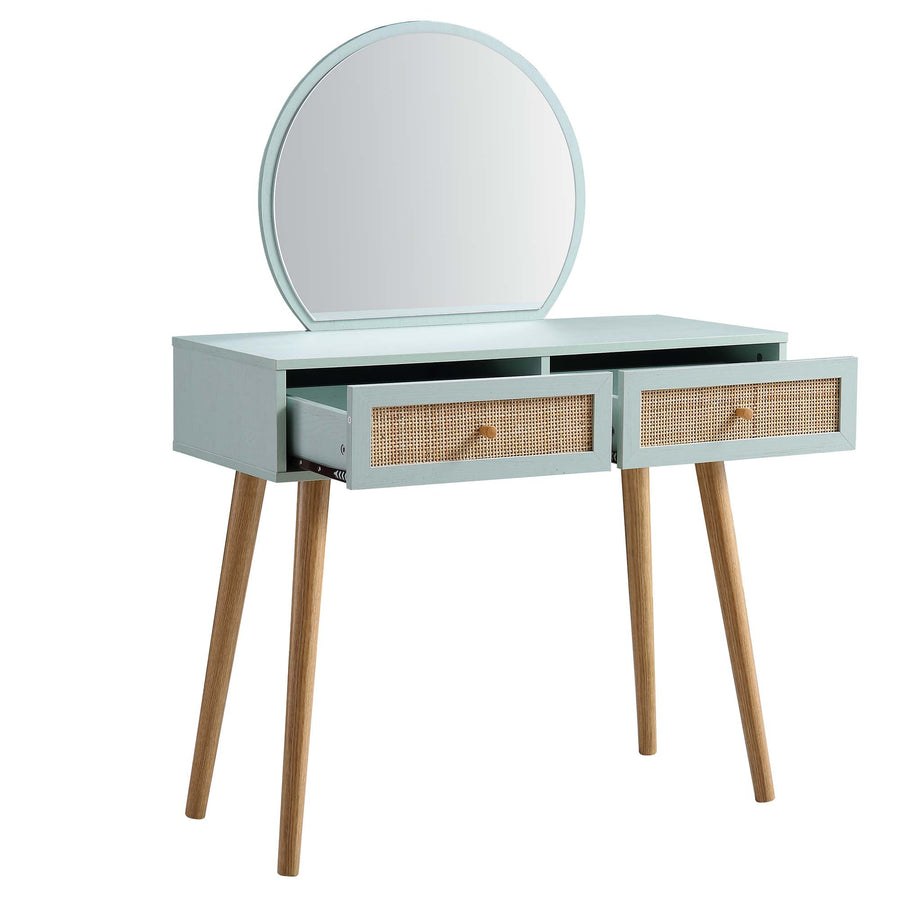 Frances Woven Rattan Dressing Table with Mirror, Mint | daals