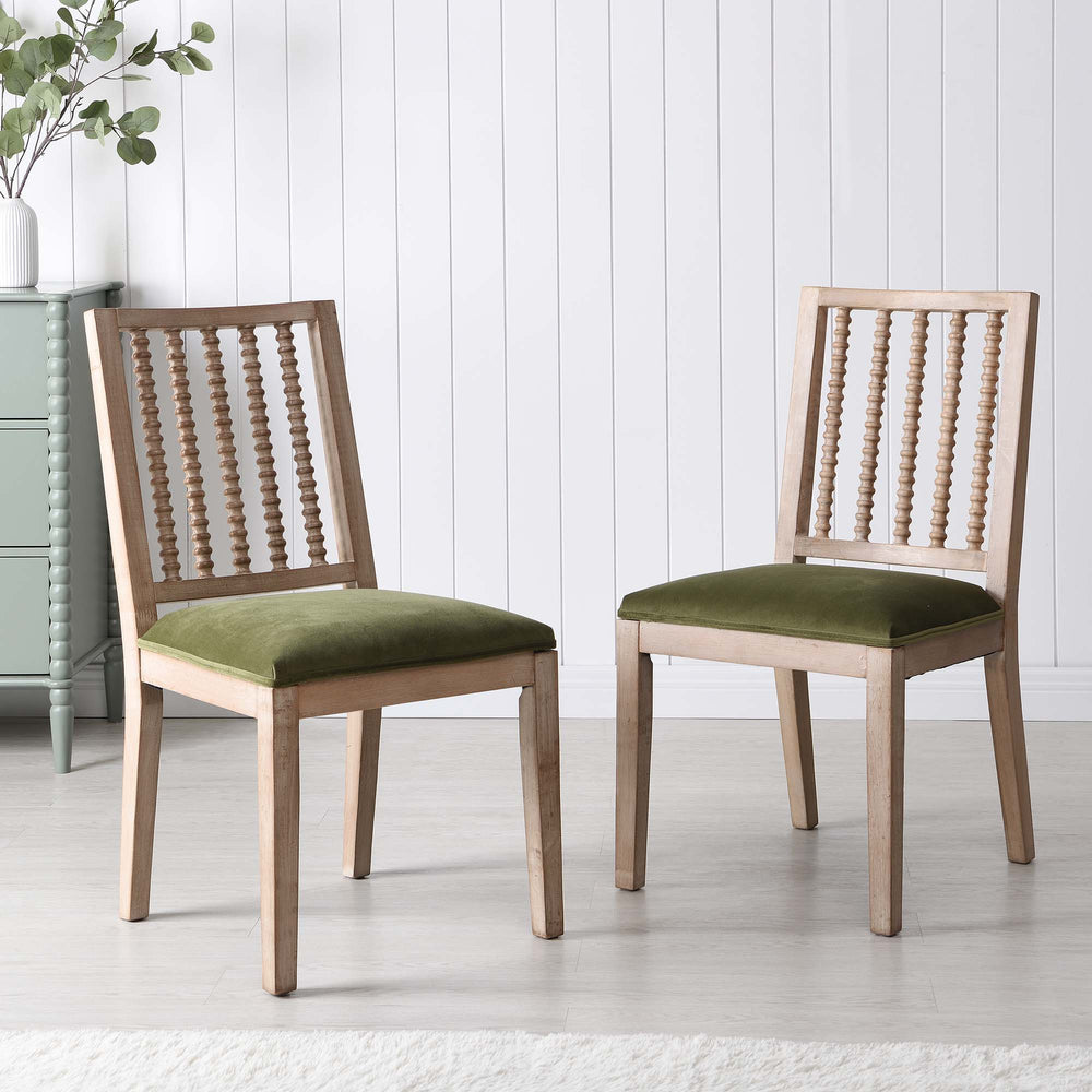 Hemingford Set of 2 Moss Green Velvet Bobbin Spindle Dining Chair | daals