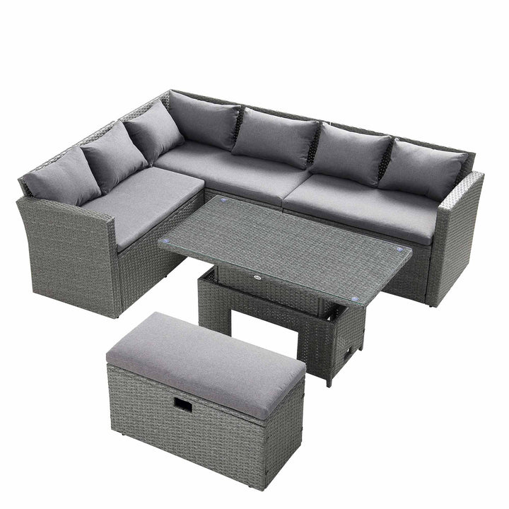 Granchester Rattan Rectangular Corner Dining Sofa Set with Rising Table ...
