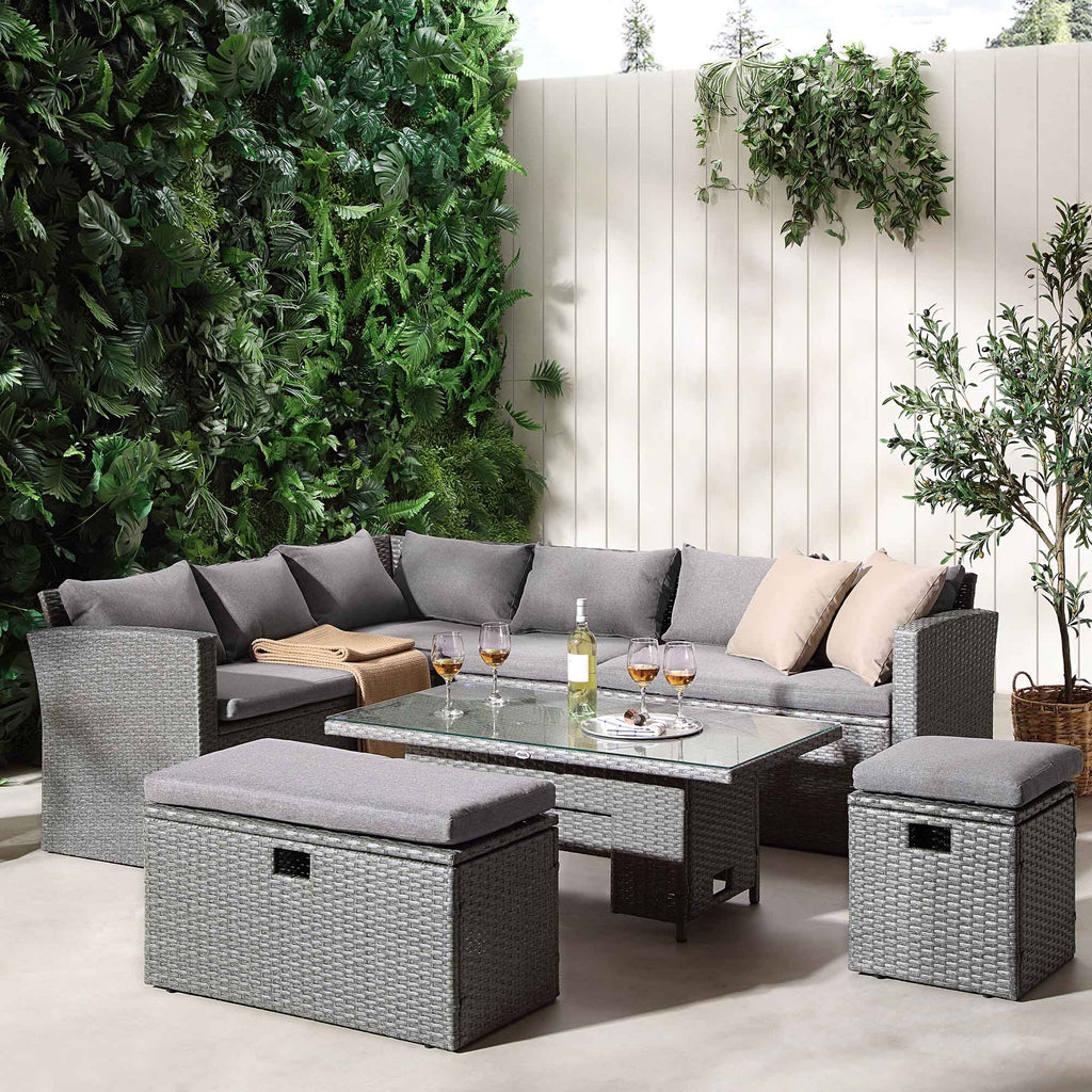 Granchester Rattan Rectangular Corner Dining Sofa Set with Rising Table ...