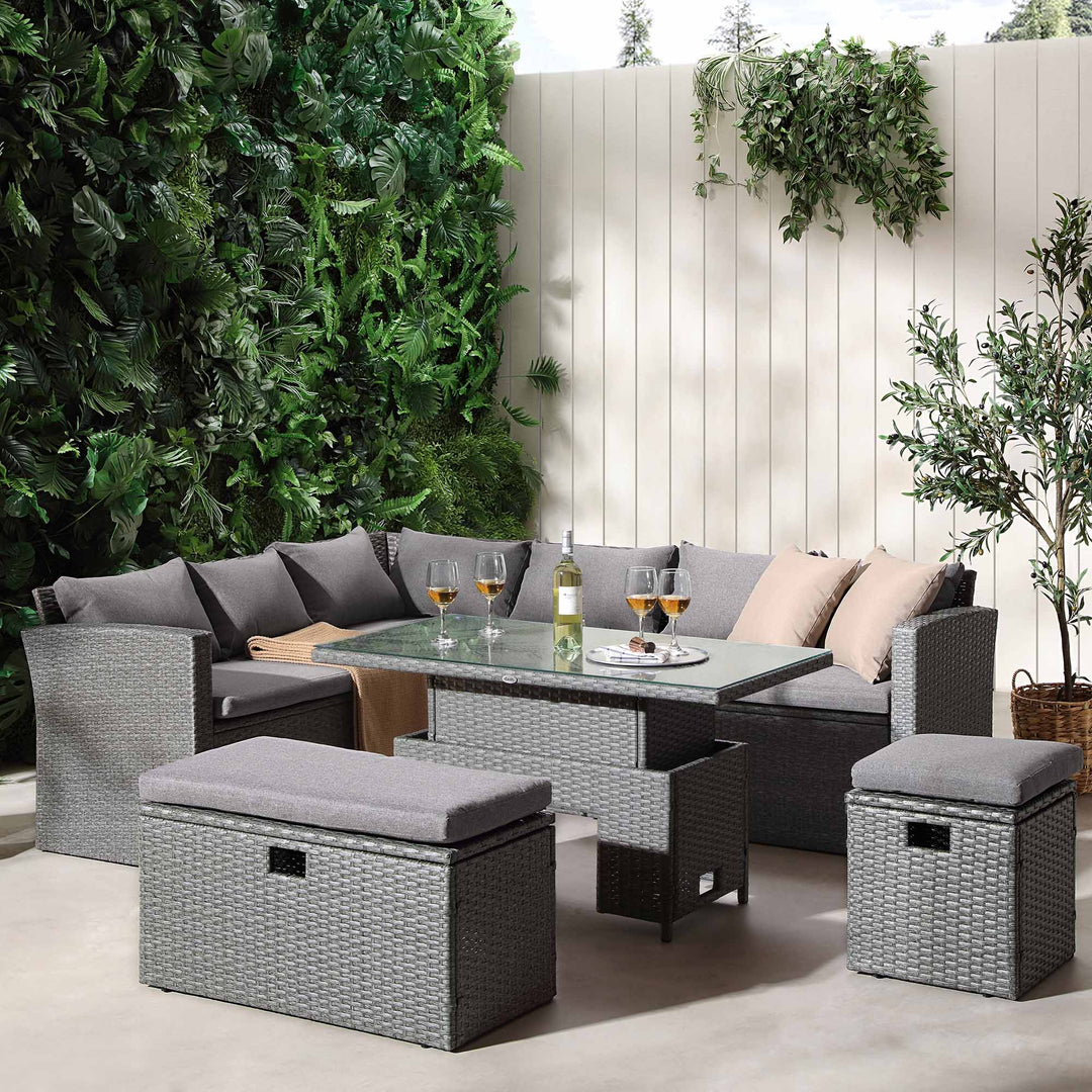 Granchester Rattan Rectangular Corner Dining Sofa Set with Rising Table ...