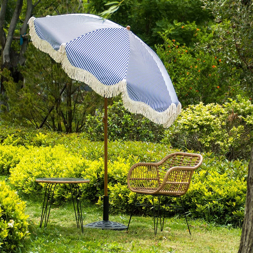 Gabriel Blue and White Striped Fringed Parasol with Tilt | daals