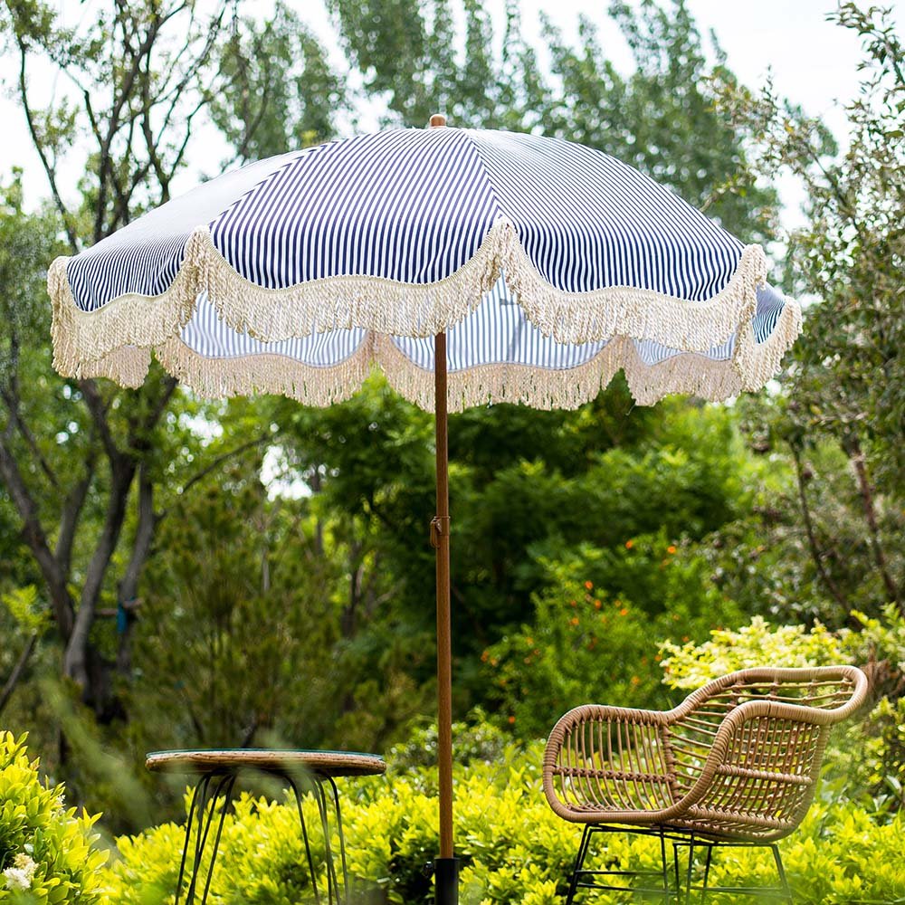 Gabriel Blue and White Striped Fringed Parasol with Tilt | daals