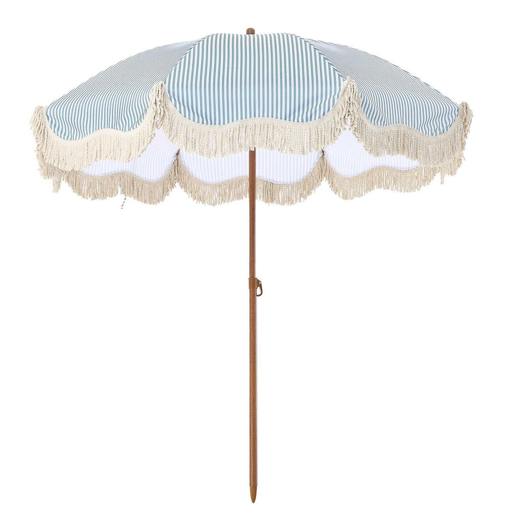 Gabriel Sage Green and White Striped Fringed Parasol with Tilt | daals