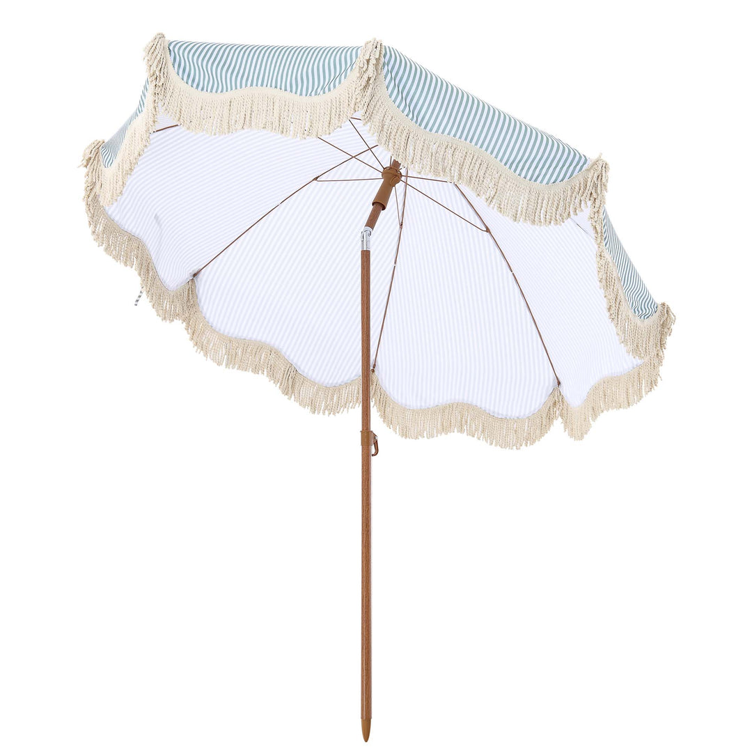 Gabriel Sage Green and White Striped Fringed Parasol with Tilt | daals