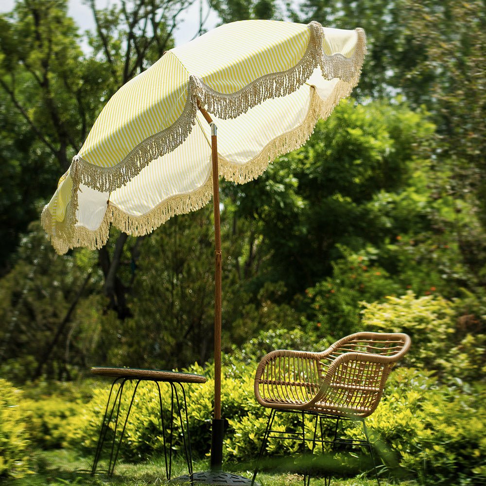 Gabriel Yellow and White Striped Fringed Parasol with Tilt | daals