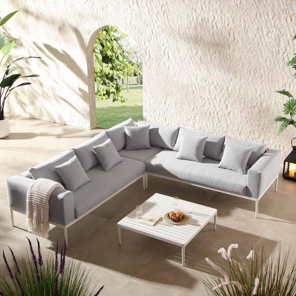 Calabasas Outdoor Aluminium Frame Corner Sofa with Coffee Table, Light ...