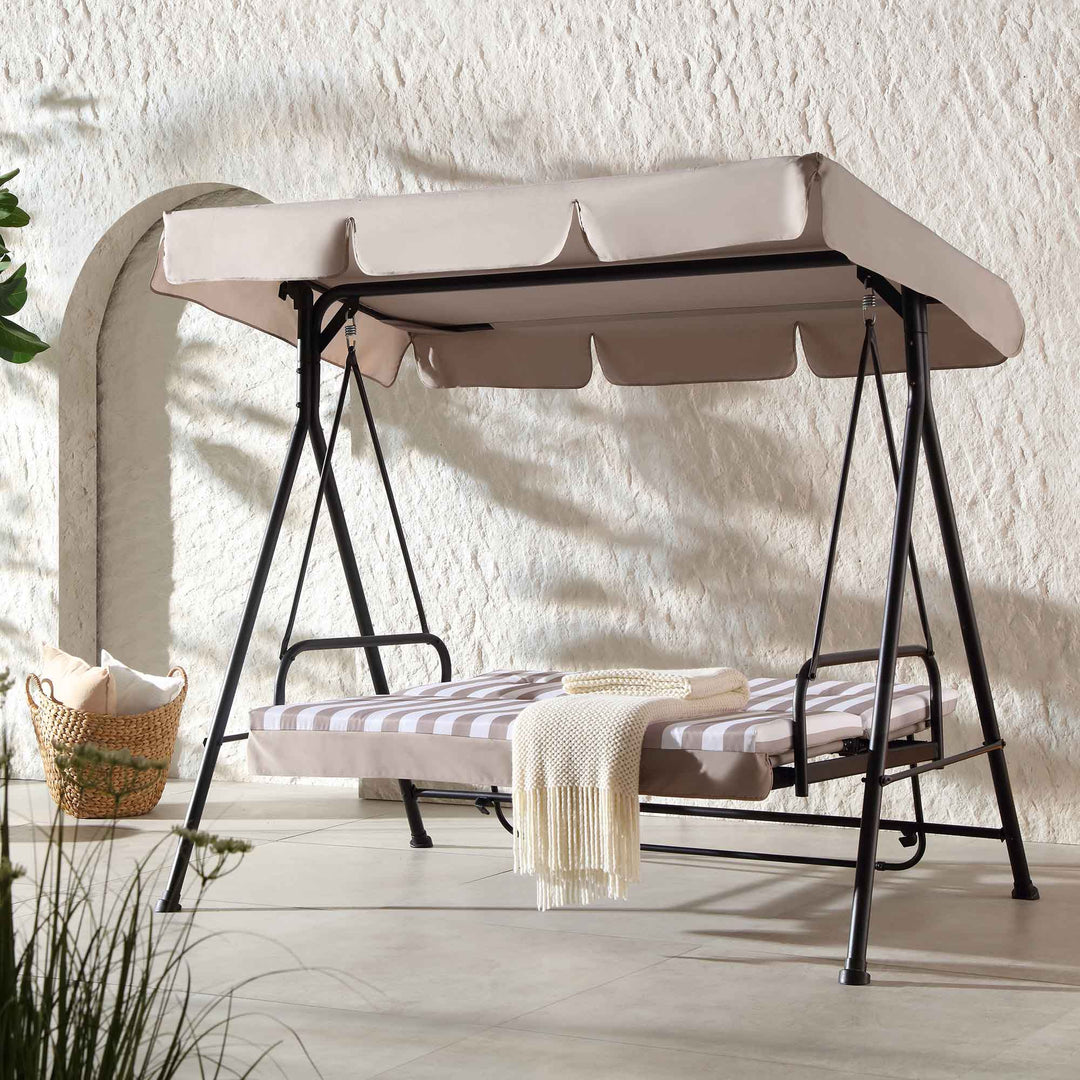 Champneys Outdoor Reclining Swing with Canopy, Taupe Striped | daals