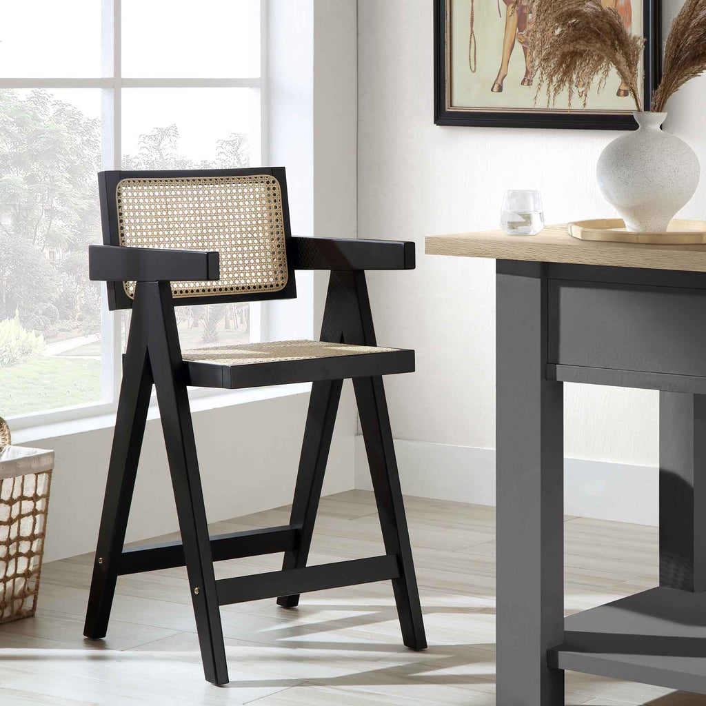 Jeanne Black Colour Cane Rattan Solid Beech Wood Counter Stool | daals