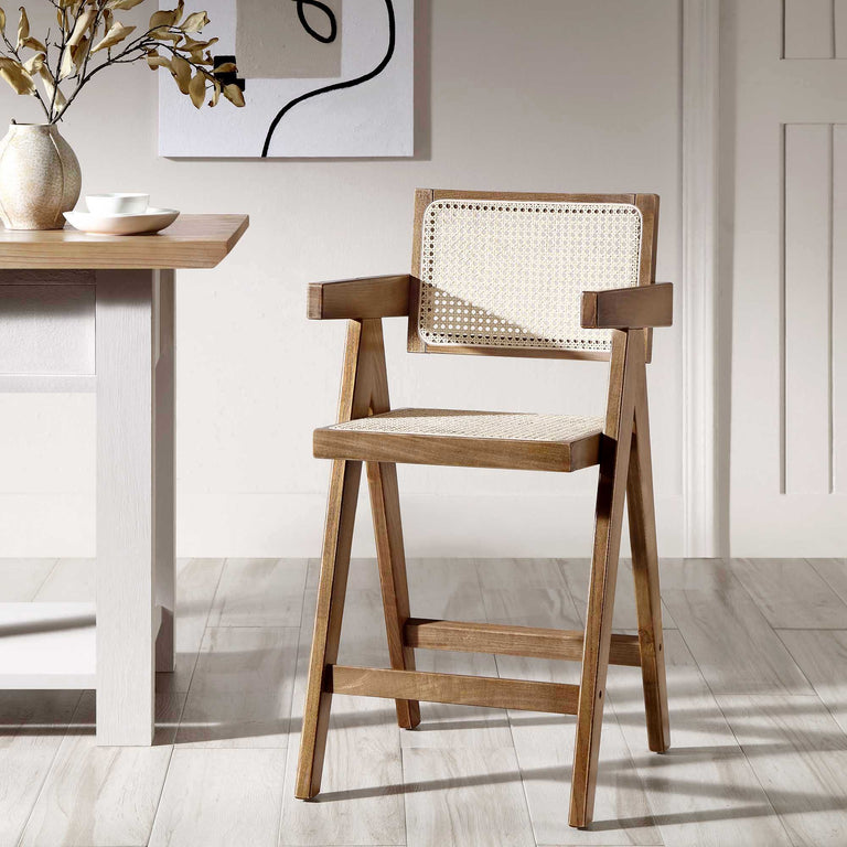 Jeanne Light Walnut Cane Rattan Solid Beech Wood Counter Stool | daals